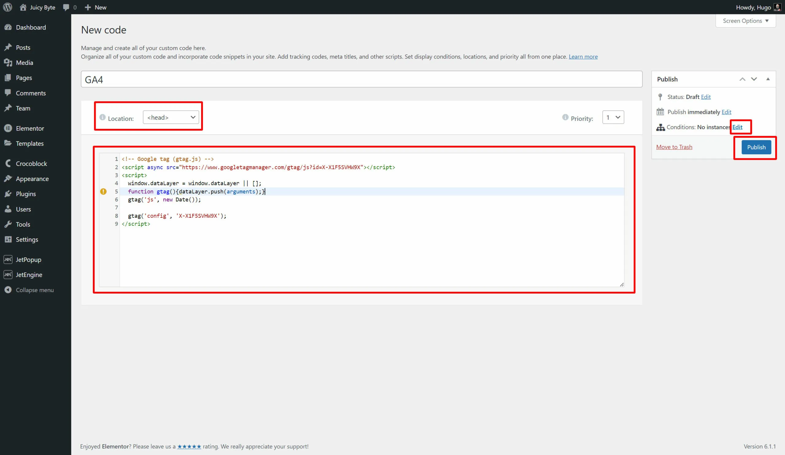 How to Add Google Analytics to Elementor Without Using Plugins - Easy Method - Hugo Makes